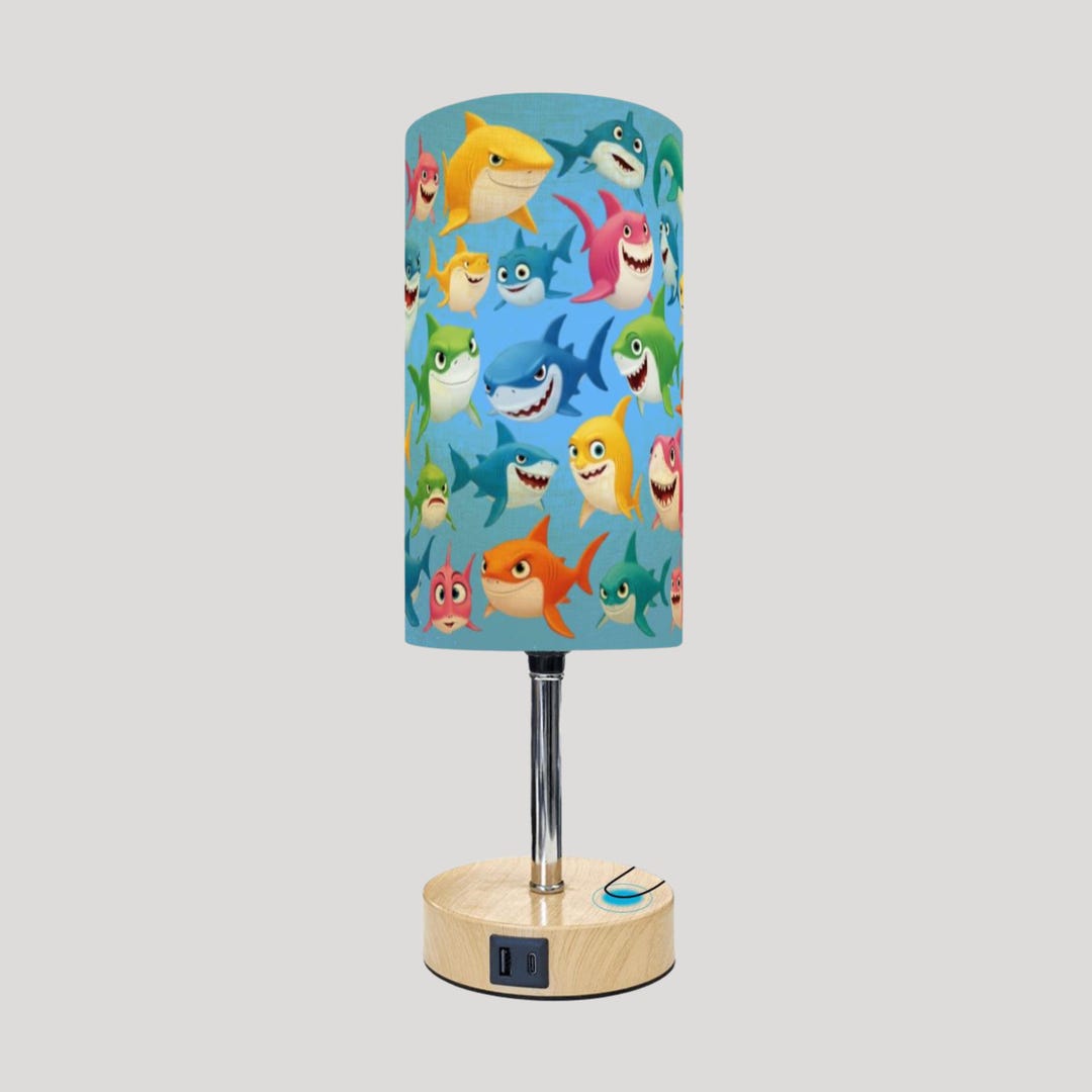 Blue Kids Shark Theme Touch Bedside Table Lamp With USB Charging Port ...