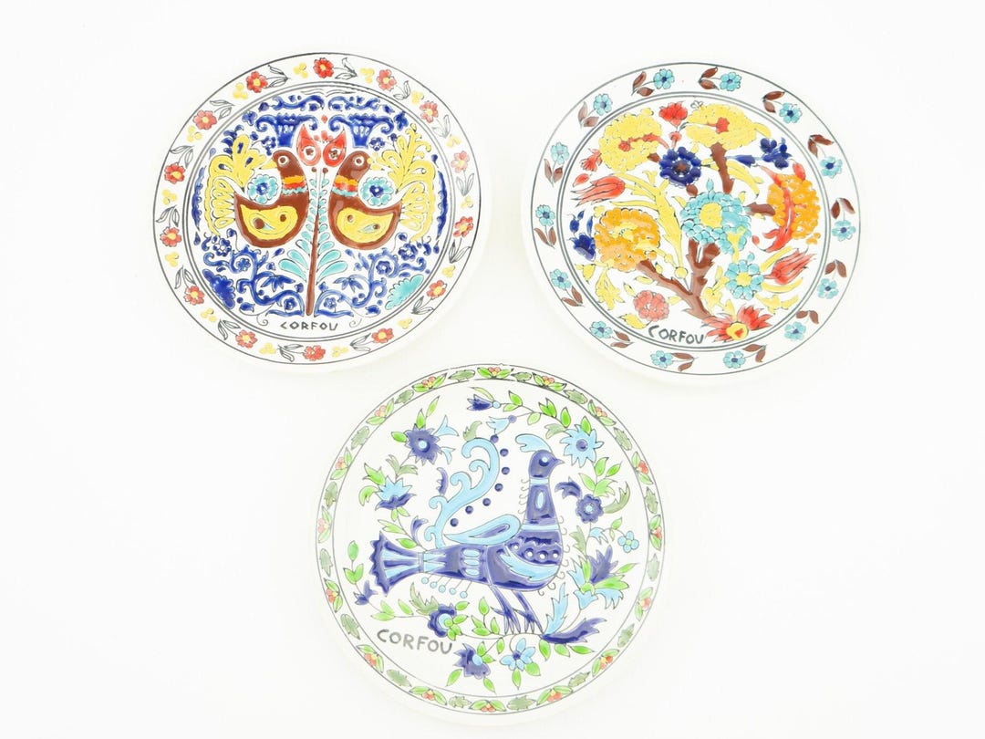Vintage Corfu Ceramic Wall Plates 1970s | Hand Made Pottery | Enamelled ...