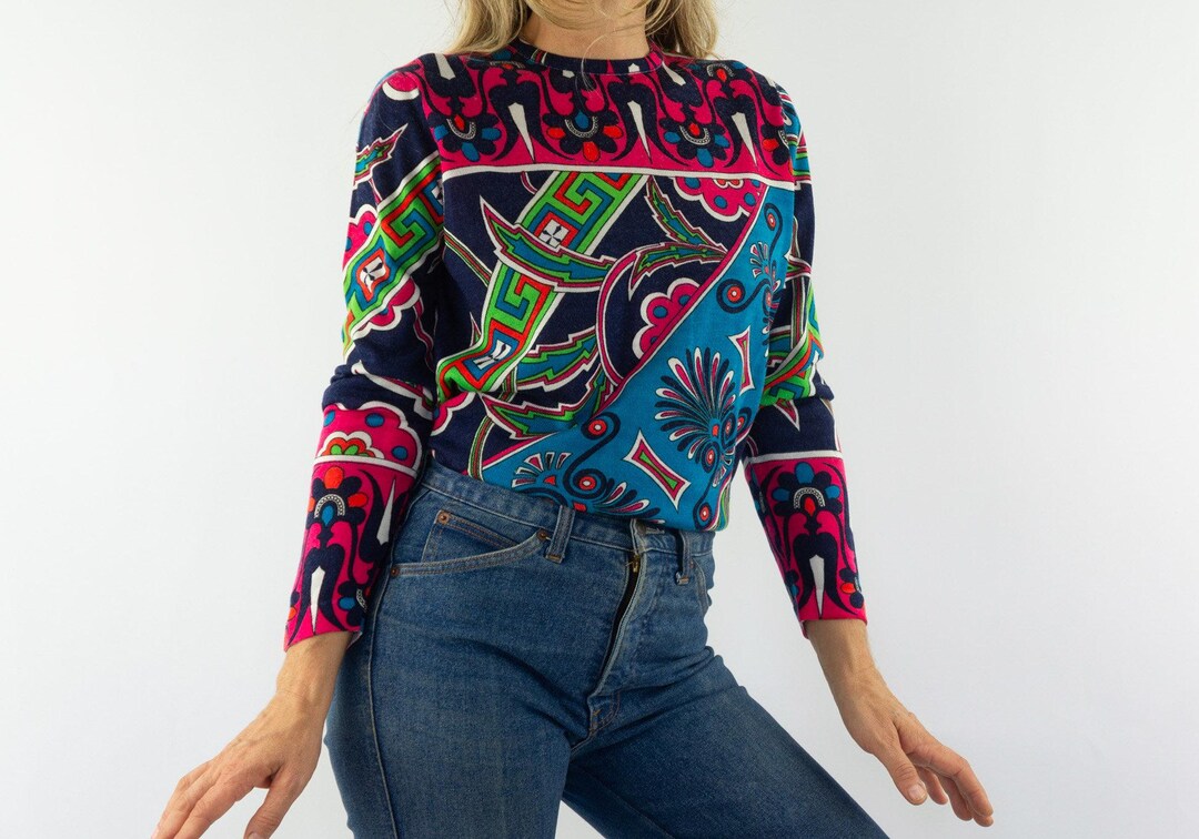 Vintage Floral Psychedelic Top 1970s | Multicolor Polyamide Sweater ...