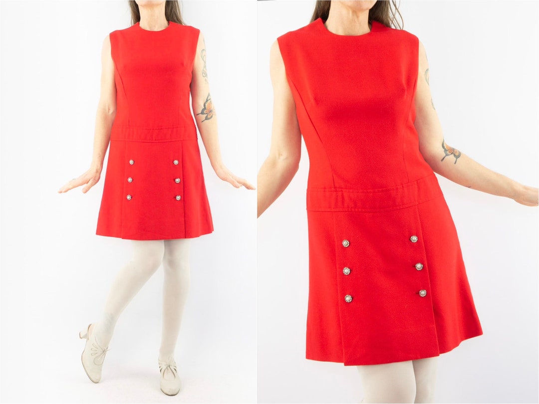 Vintage A-line Dress 1960s Red Mod Dress Trapeze Dress With Buttons ...