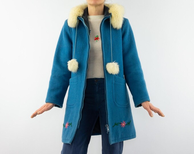 Yukon Parka Vintage Inuit Coat 1970s | Blue Wool Floral Embroidery Fur ...