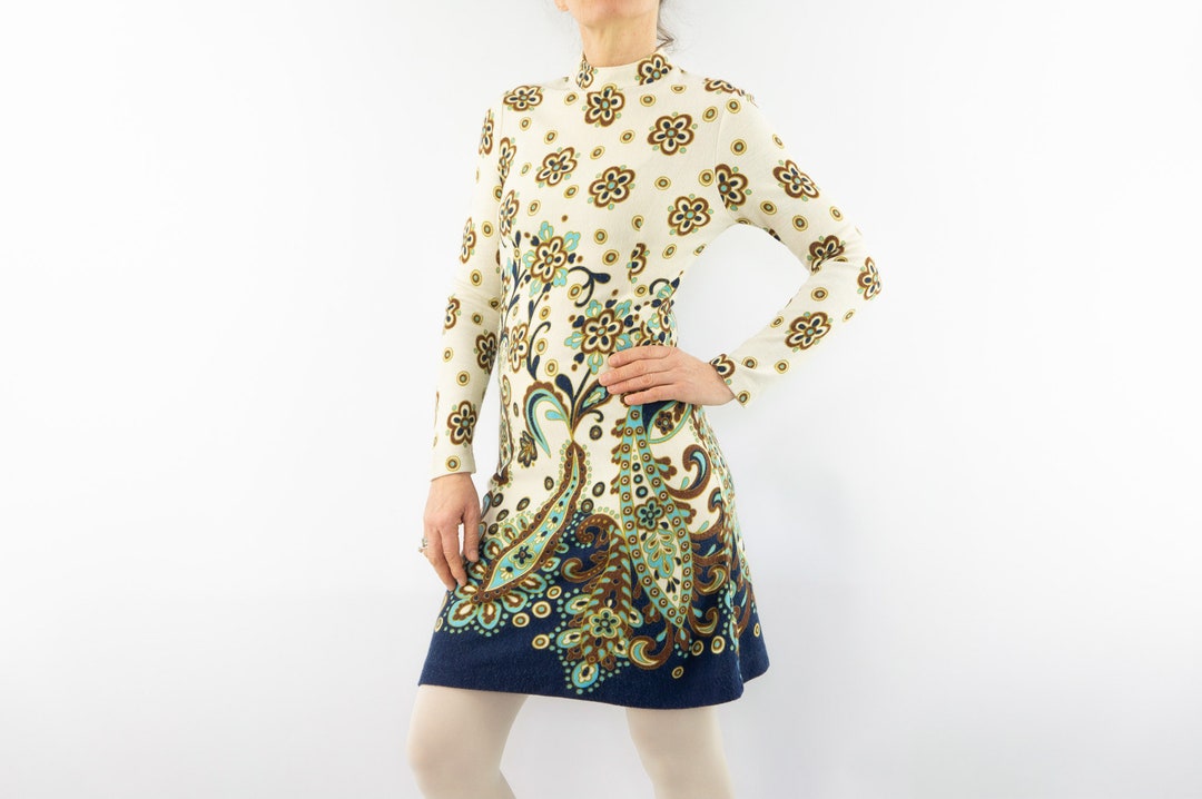 Vintage A-line Dress 1970s | Mini Floral Paisley Knit | Long Sleeves ...