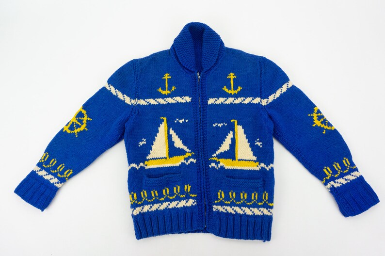 Vintage Nautical Sweater 1960s | Blue Wool Hand Knit | Cowichan Style ...
