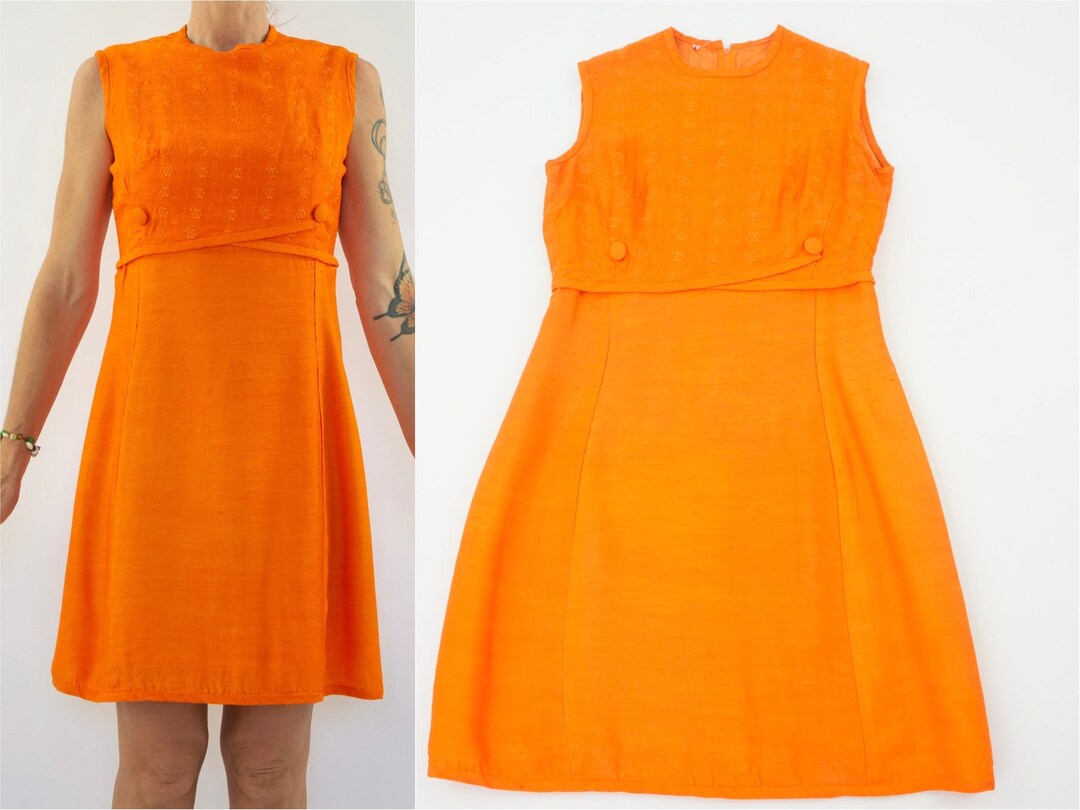 Vintage Trapeze Dress 1970s Orange Shift Dress Floral A-line Dress ...