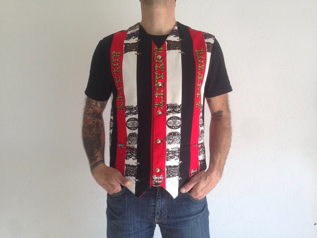 Versace Vintage Baroque Waistcoat 1990s | Black Red White Striped Vest ...