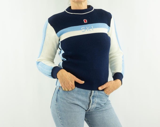 Montant Vintage Ski Knit Sweater 1970s | Navy Blue Ribbed Snow Pullover ...