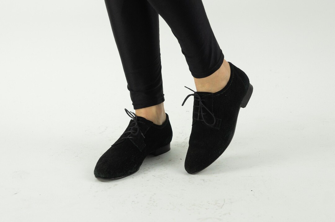 Minelli Vintage Black Suede Derby Shoes | Perforated Laced Flat Oxfords ...