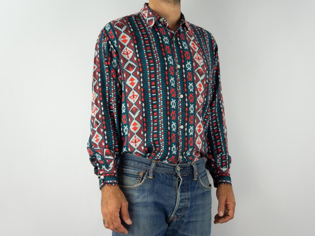 Vintage Crazy Print Shirt 1980s | Multicolored Geometric Pattern Shirt ...