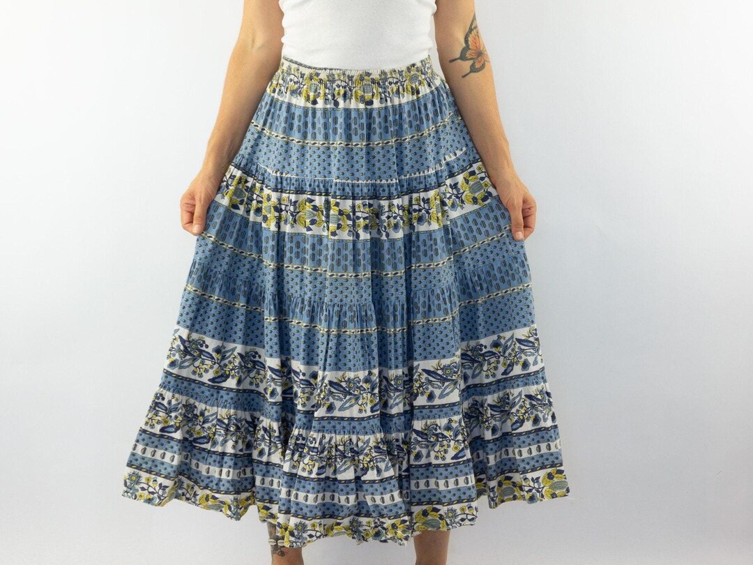 Vintage Floral Peasant Skirt 1970s | French Provence Blue Cotton Skirt ...