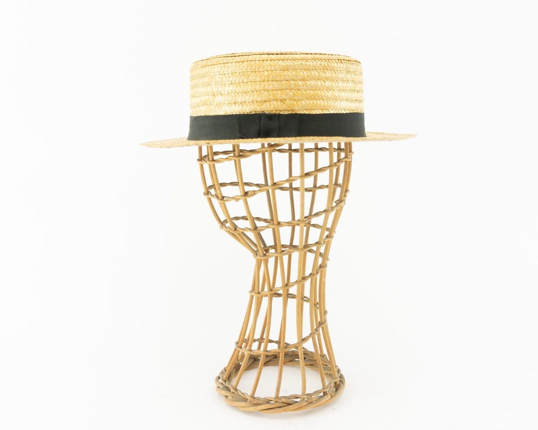 Vintage French Straw Boater Hat 1970s | Wicker Canotier, Black Band ...