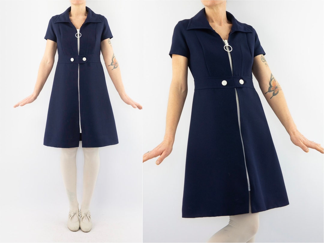 Vintage A-line Dress 1960s Blue/white Mod Dress Trapeze Dress With Big ...