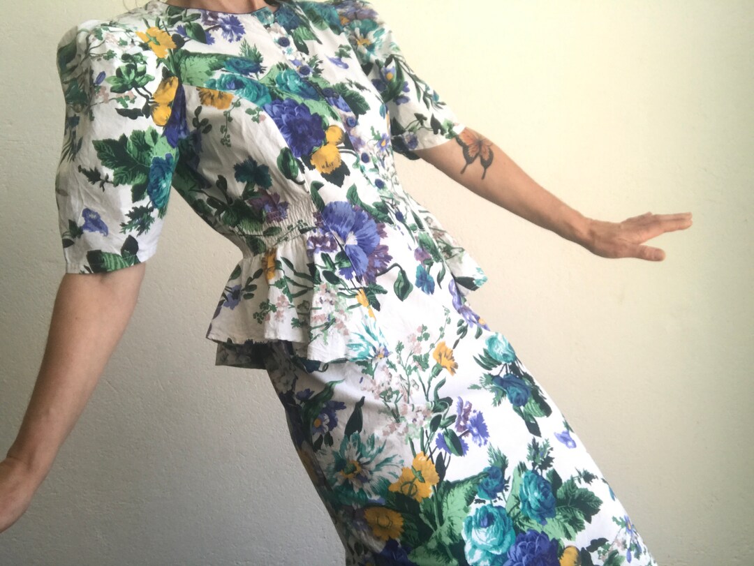 René Derhy Vintage Ruffle Dress 1980s | Floral Cotton Peplum Dress ...