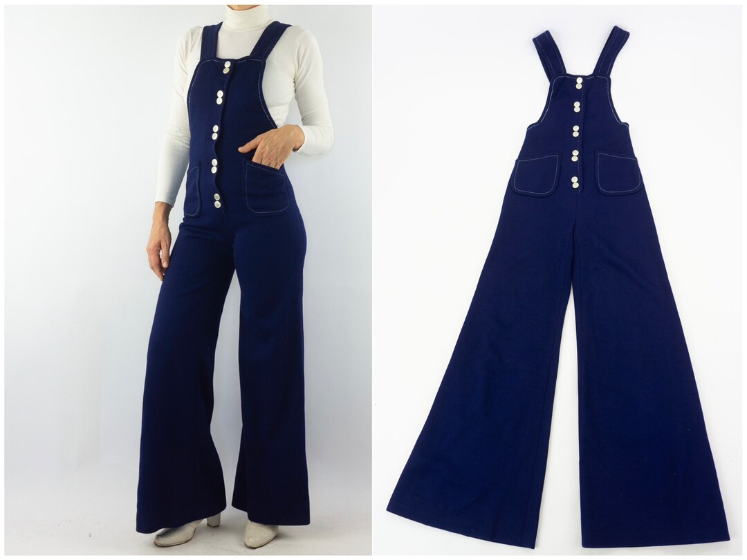 Vintage Bell Bottom Jumpsuit 1970s | Blue/white Acrylic Knit Overall ...