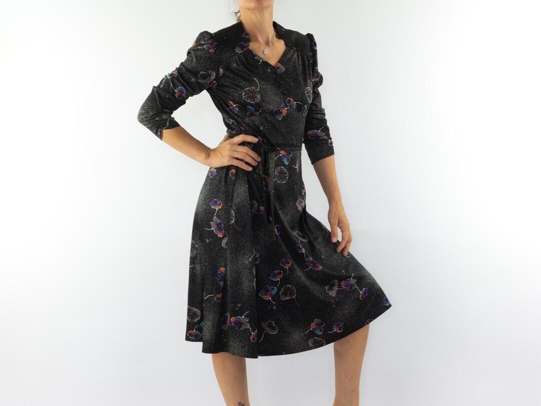 French Vintage Dress 1980s | Black Floral Long Sleeve Dress | Fit and ...