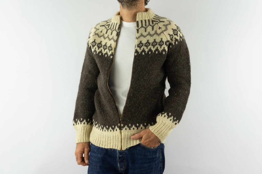 Vintage Icelandic Cardigan | 1980s | Brown and Cream Jacquard Pattern ...