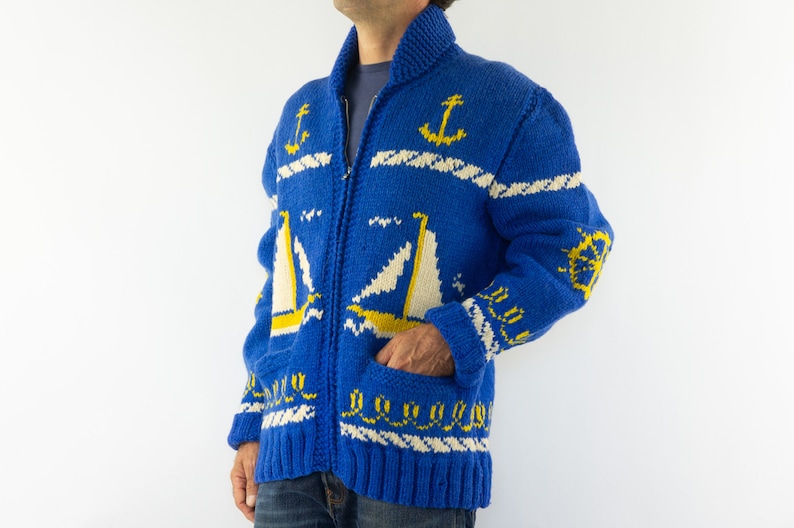 Vintage Nautical Sweater 1960s | Blue Wool Hand Knit | Cowichan Style ...