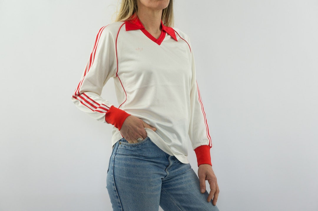 Adidas Vintage Soccer Jersey 1970s | White Red Long Sleeve Shirt With 3 ...