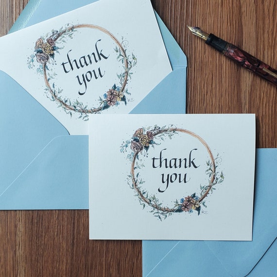 Printable Calligraphy Thank You Card With Floral Wreath | Etsy