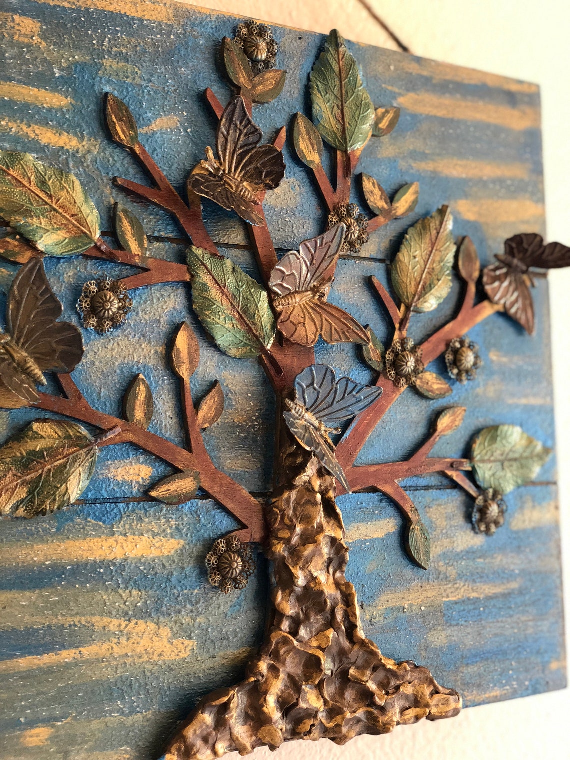 Rustic Wooden Wall Art - Hangable Artwork With Metallic Enchanted Tree ...