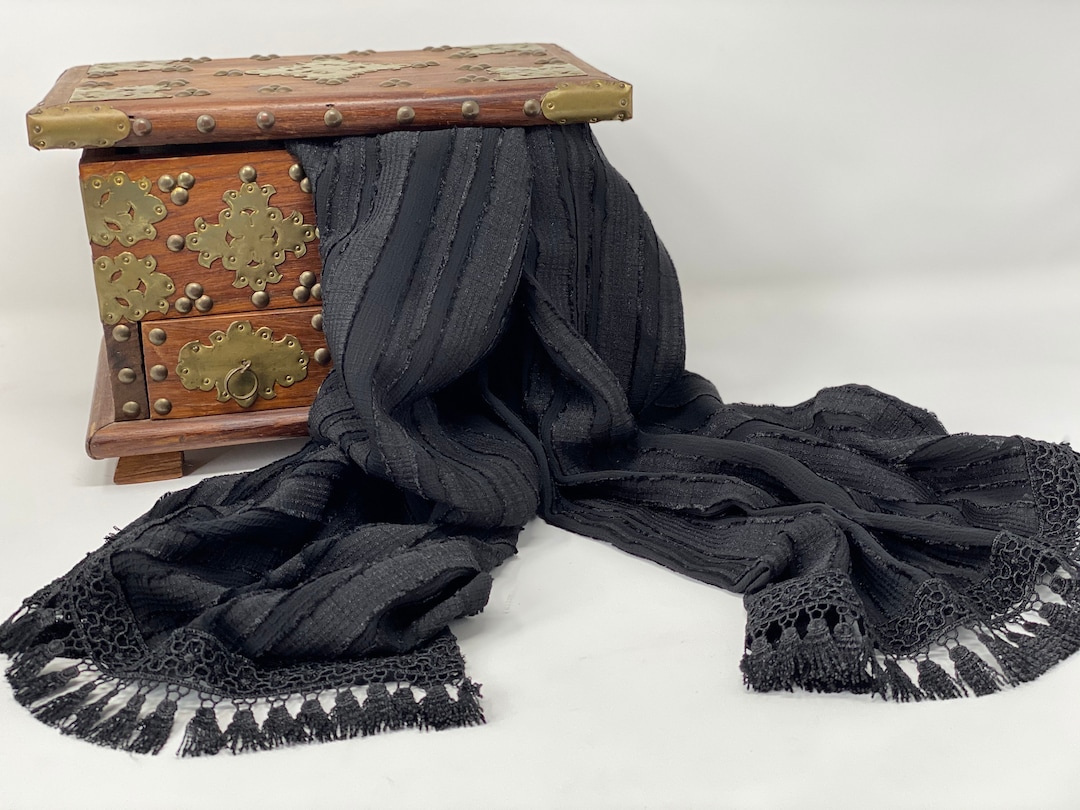 The Arabesque® Black Handmade Silky Sheer Crepe Fabric Striped Scarf ...