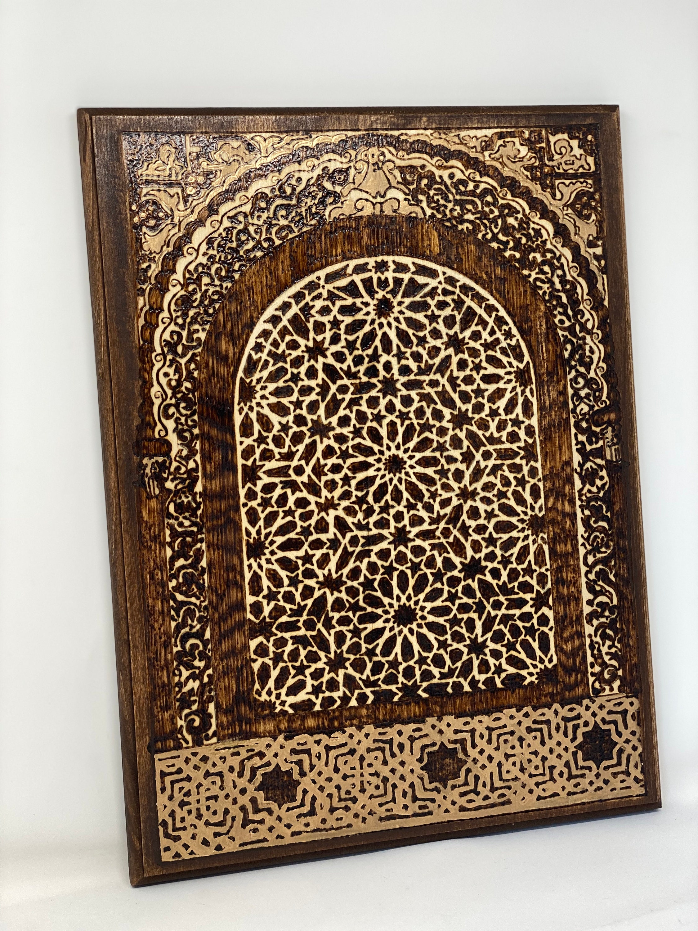 The Arabesque® 12 x 16 Alhambra Window Woodburned and Gold Leaf Paint ...