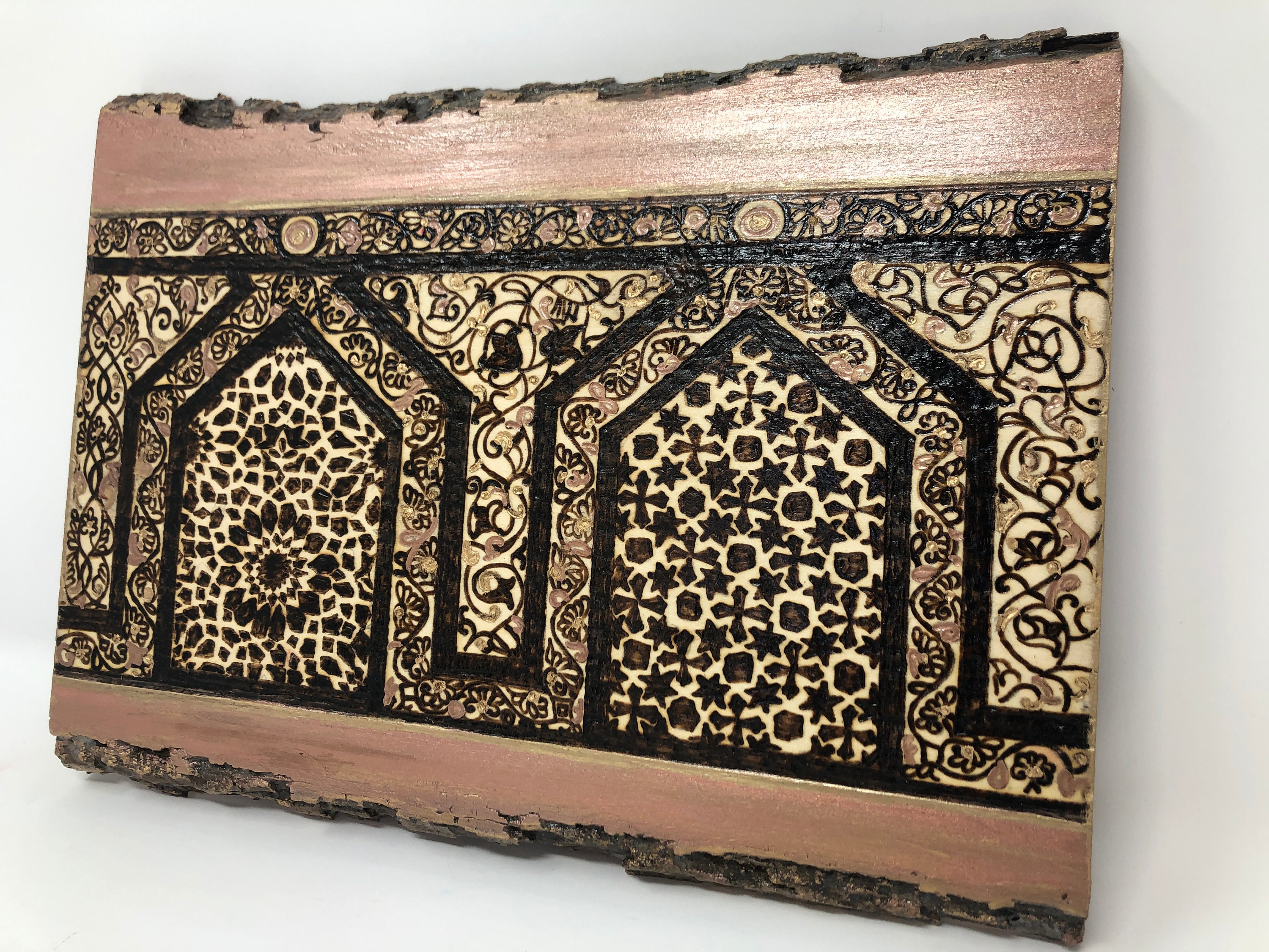 The Arabesque® Wooden Wall Art With Woodburned Medieval Architectural ...
