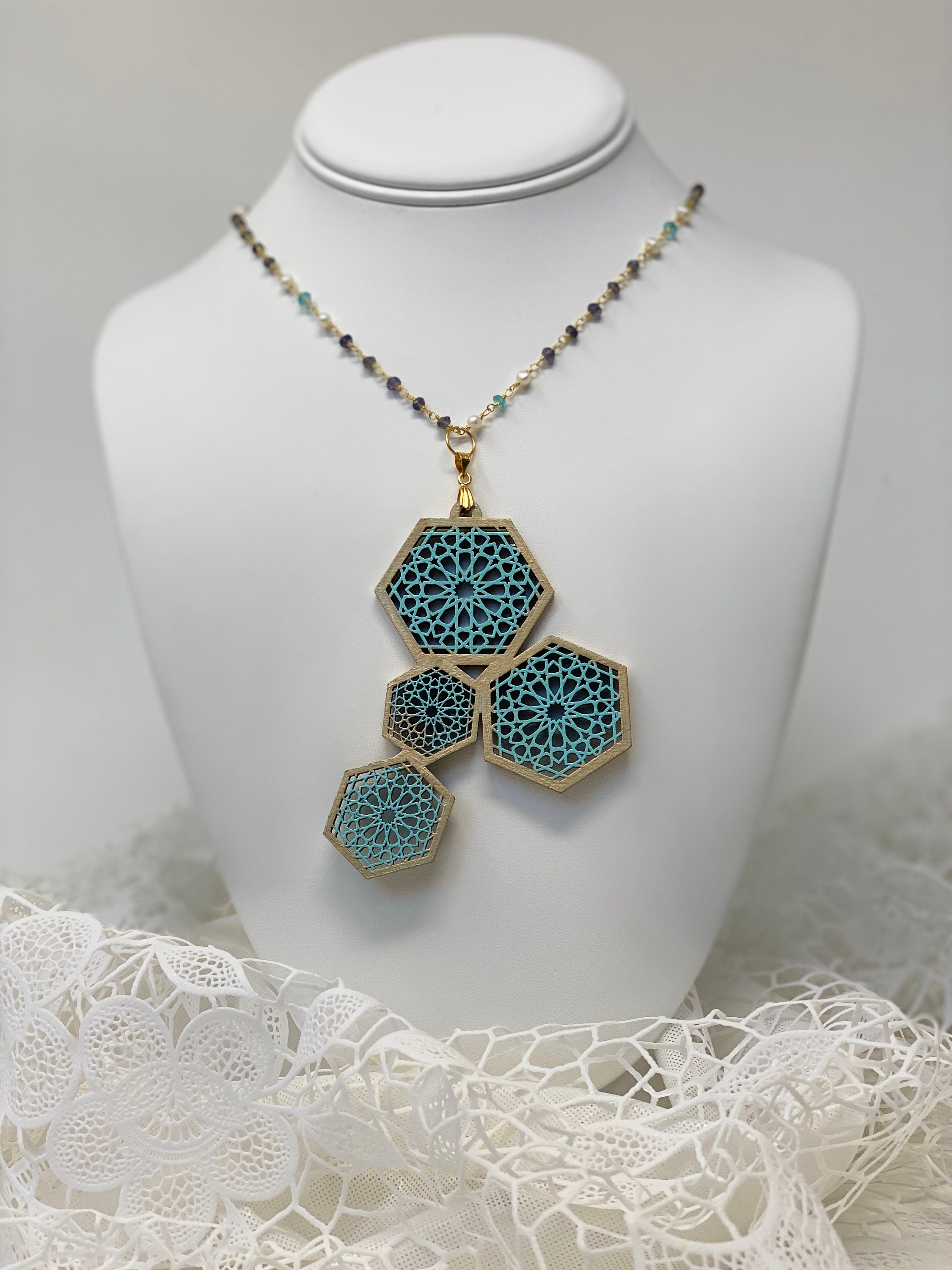 The Arabesque® Medieval Geometric Pattern Wooden Teardrop Pendant with ...