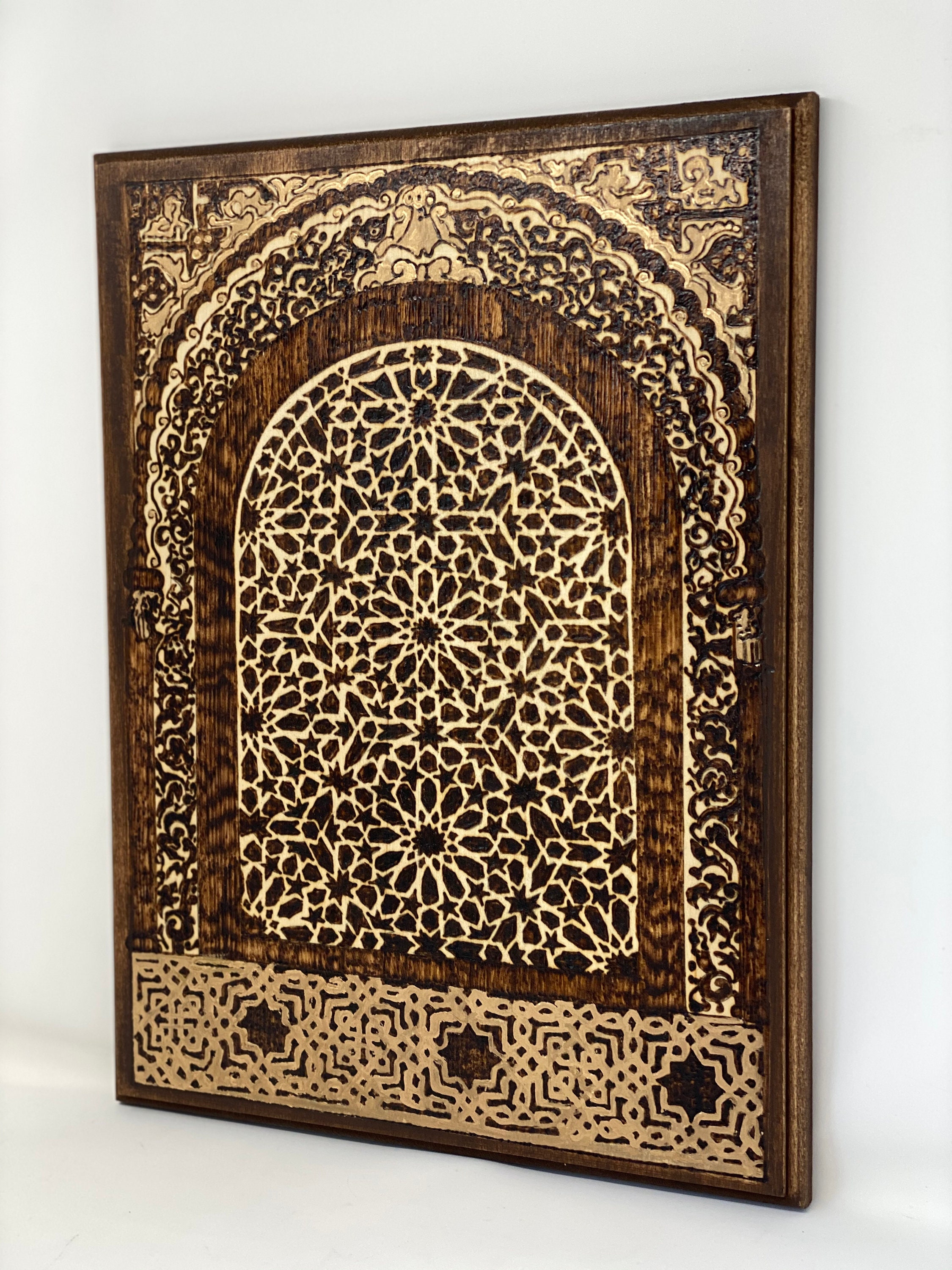The Arabesque® 12 x 16 Alhambra Window Woodburned and Gold Leaf Paint ...