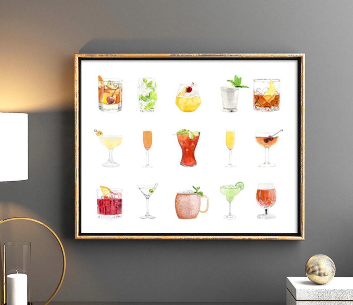 Cocktail Art Print Cocktail Watercolor Art Bar Cart Art Bar Art Old ...