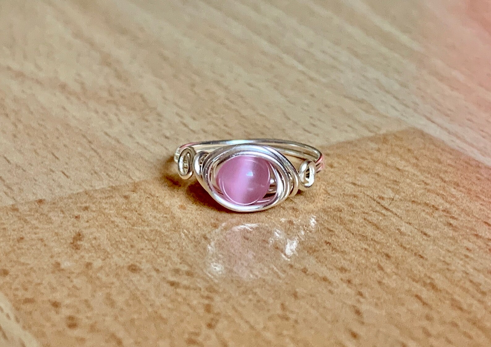 Pink Cats Eye Ring/silver Cats Eye Ring/wire Wrapped - Etsy
