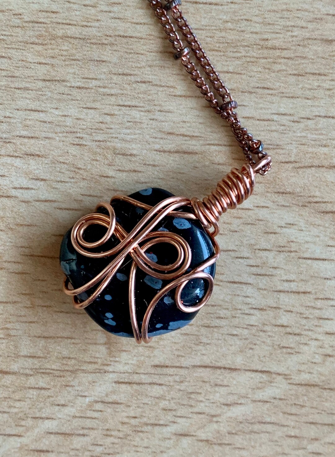 Snowflake Obsidian Pendant, Copper Wire Wrapped Healing Stone Necklace ...