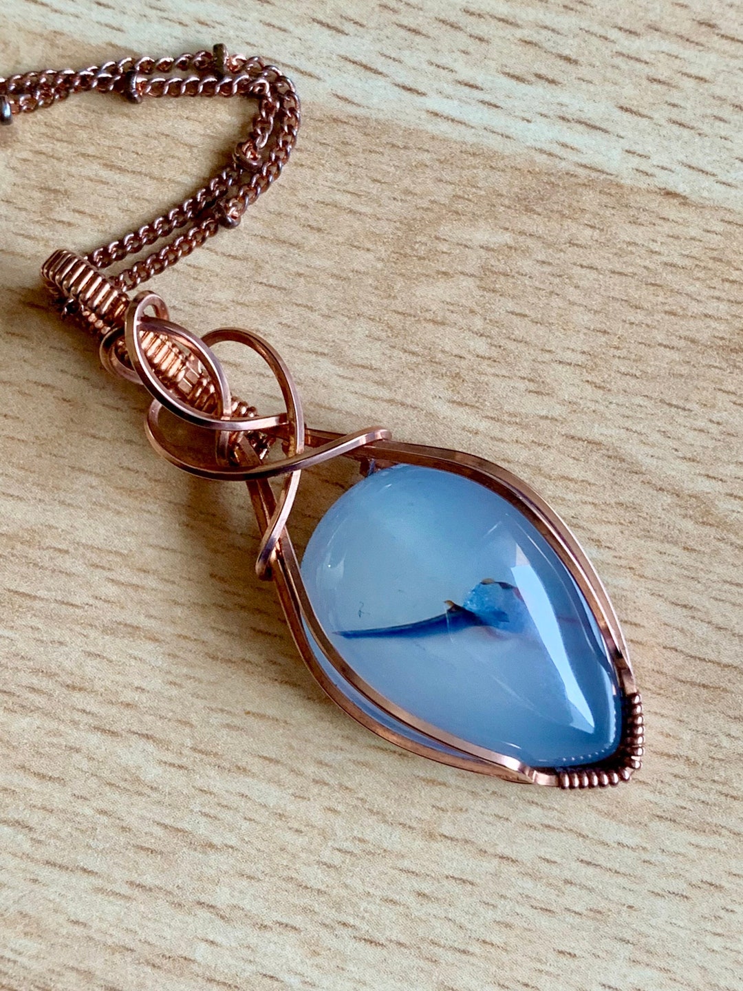Teardrop Blue Agate Pendant, Copper Wire Wrapped Necklace - Etsy