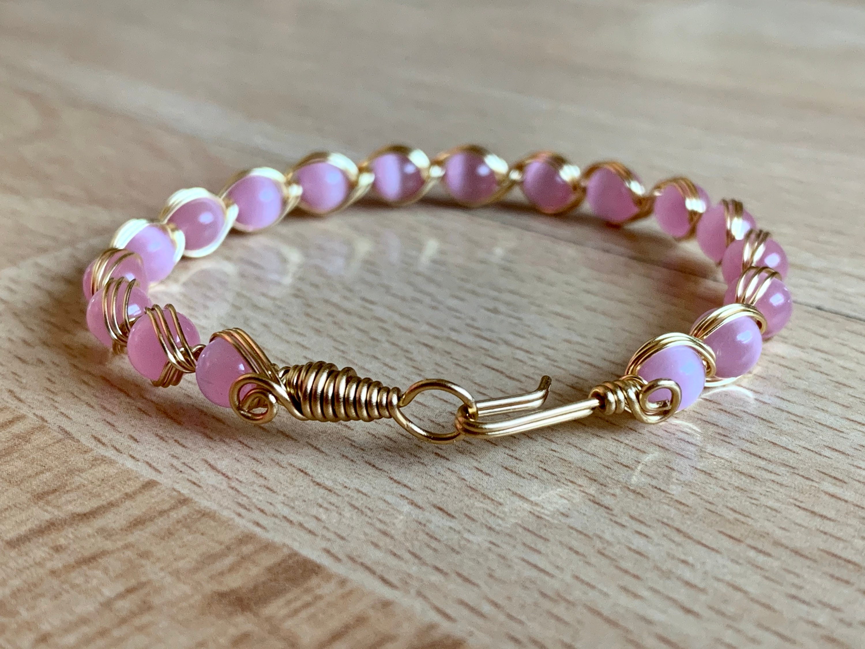 Pink Cats Eye Bracelet/Gold Wire Wrapped Bracelet/Cats Eye | Etsy