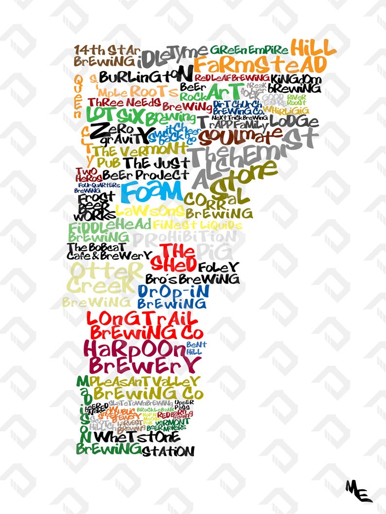 Vermont Breweries Typography Map, Custom Wall Poster, Digital Wall ...