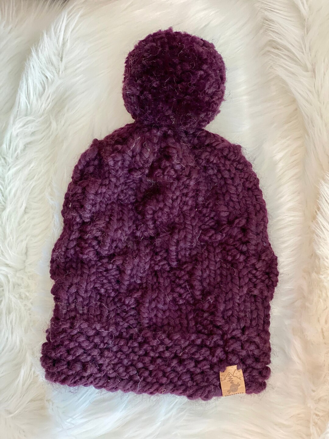 Powder Pillow Hat: Hand Knit W/ Pompom (dark Plum Color) - Etsy