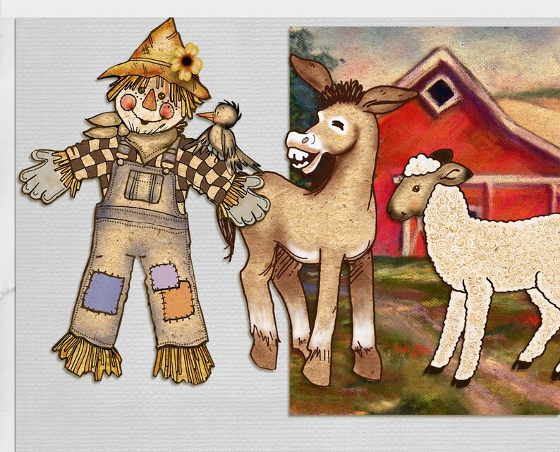 Printable Farm Clip Art Instant Digital Download Scarecrow Barn Paper ...