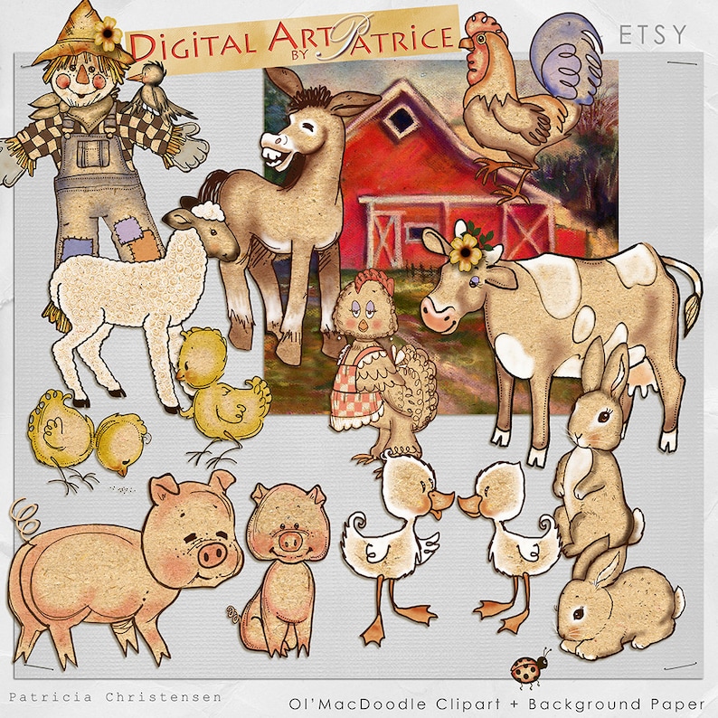 Printable Farm Clip Art Instant Digital Download Scarecrow Barn Paper ...