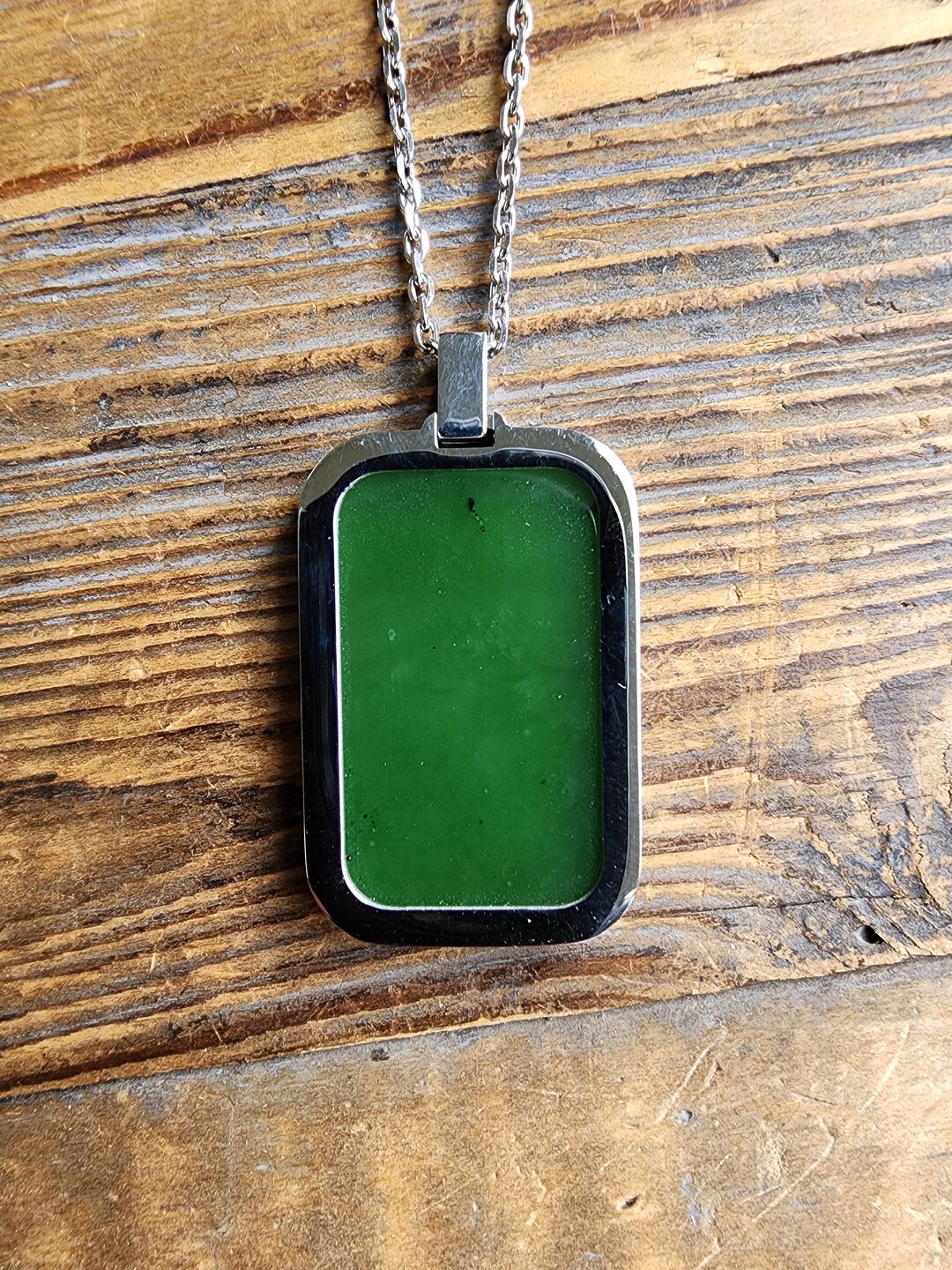 Translucent Rectangle Canadian Nephrite Pendant Set in Stainless Steel ...