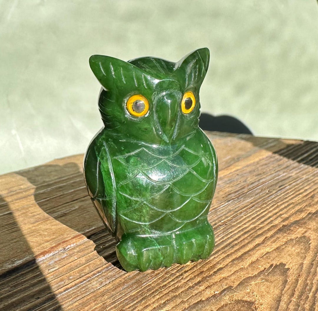 Canadian Nephrite Polar Jade Green Owl With Yellow-faded Resin Eyes 2 ...