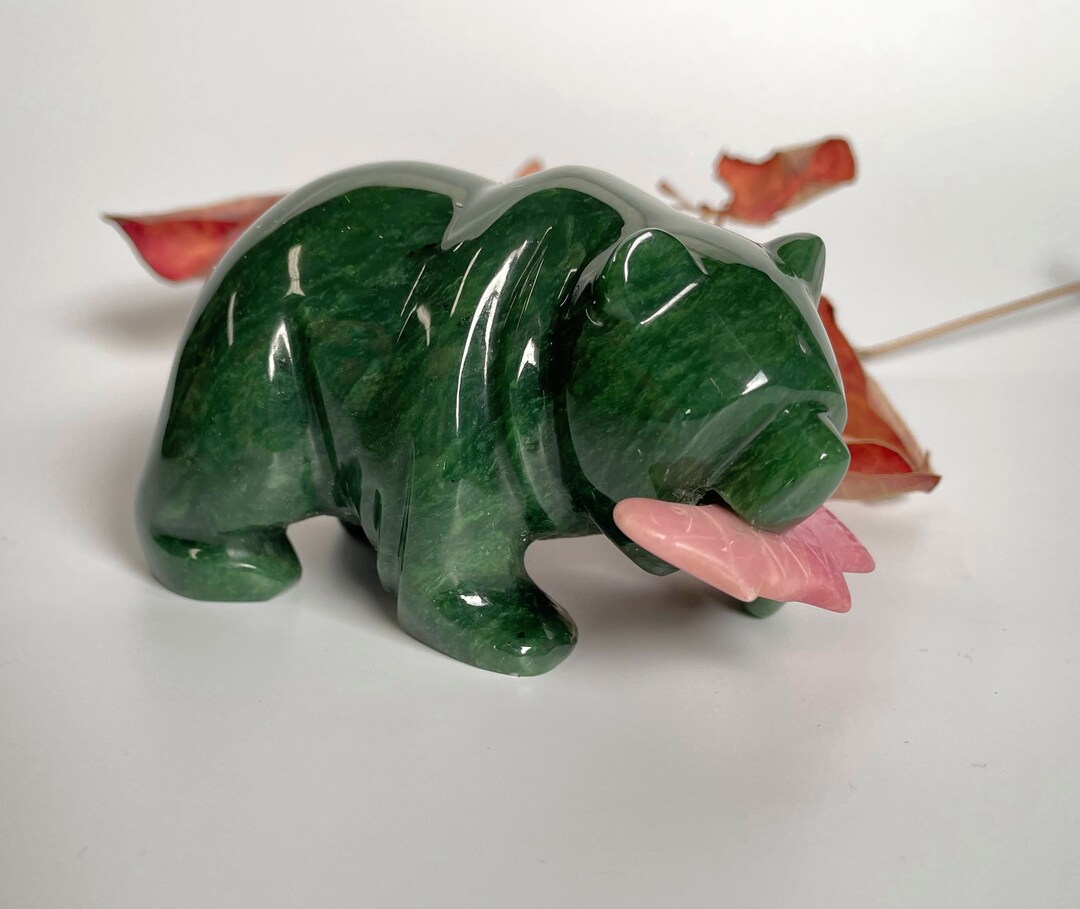 Canadian Nephrite Jade Carving, Bear With Rhodonite Fish (available in ...