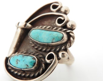 Double Turquoise Ring Size 8 1/2 Sterling Silver Free - Etsy