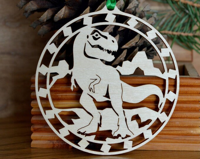 Woodcut Dinosaur Ornament Tree Ornament Laser Cut Tyrannosaurus Rex ...