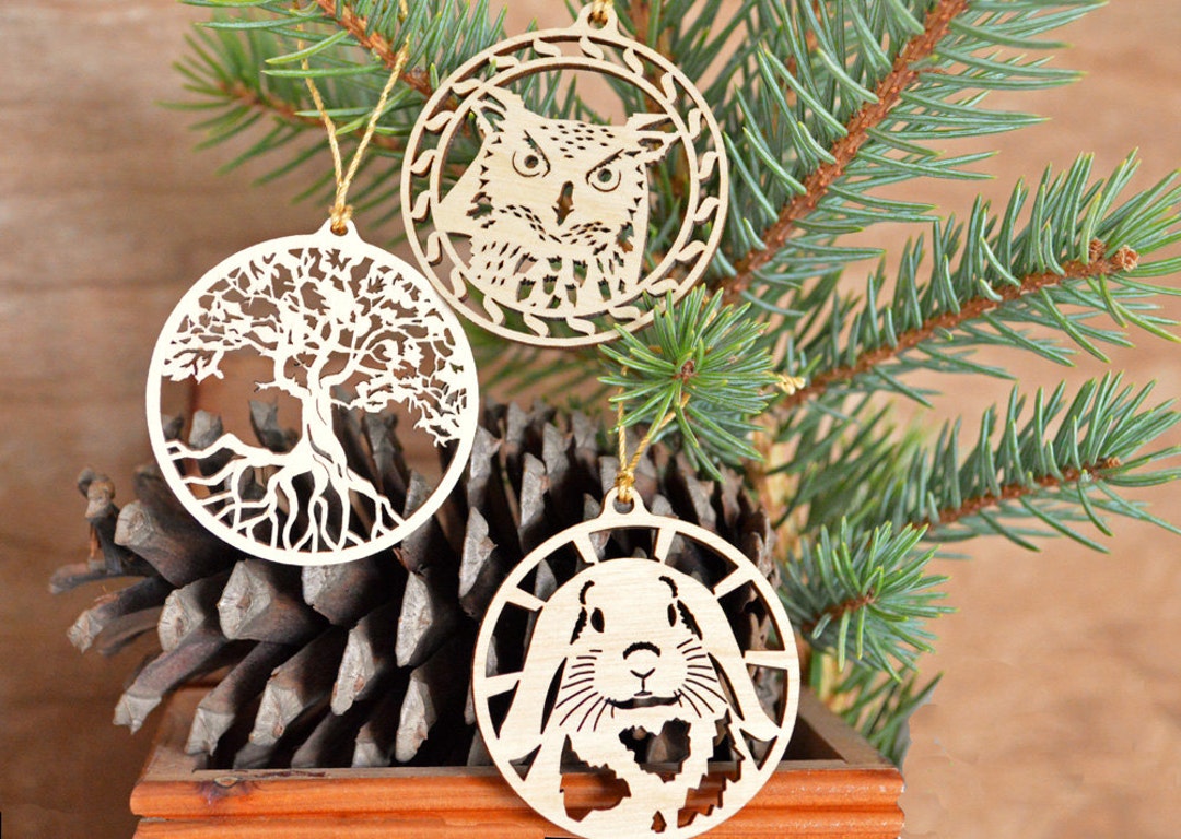 Wood Tree of Life, Owl Face, Lop Eared Rabbit: Set of Three Woodcut ...