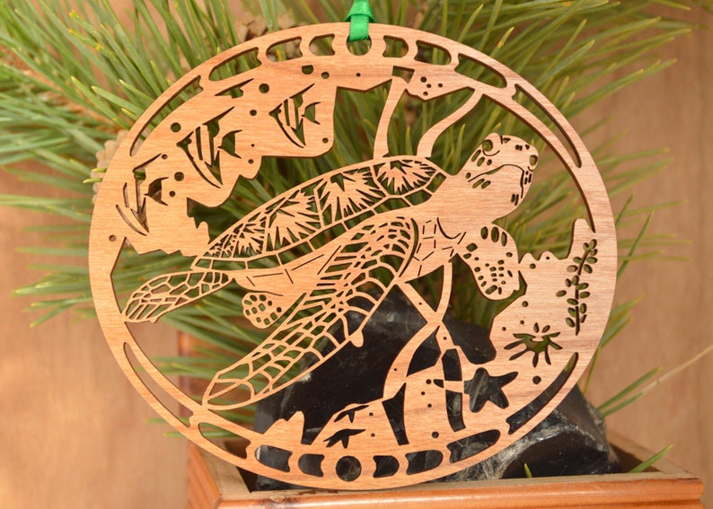 Wood Sea Turtle Ornament Woodcut Turtle Decoration Wooden Sea - Etsy