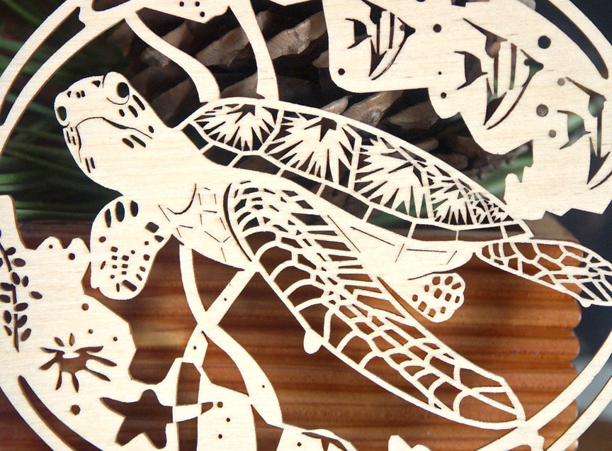 Wood Sea Turtle Ornament Woodcut Turtle Decoration Wooden Sea - Etsy