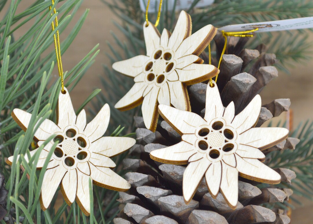 Wood Edelweiss Flower Mini Ornaments. Set of Three Mini Ornaments for ...