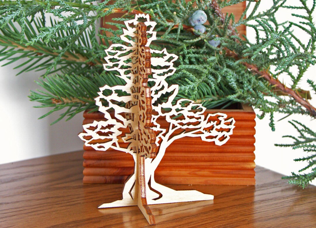 Two Piece Juniper Tree Ornament Wood Self Standing Decoration Woodcut ...