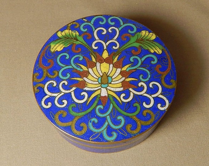 Cloisonne Box, Small Round Cloisonne Trinket Box, Vintage Blue Enamel ...