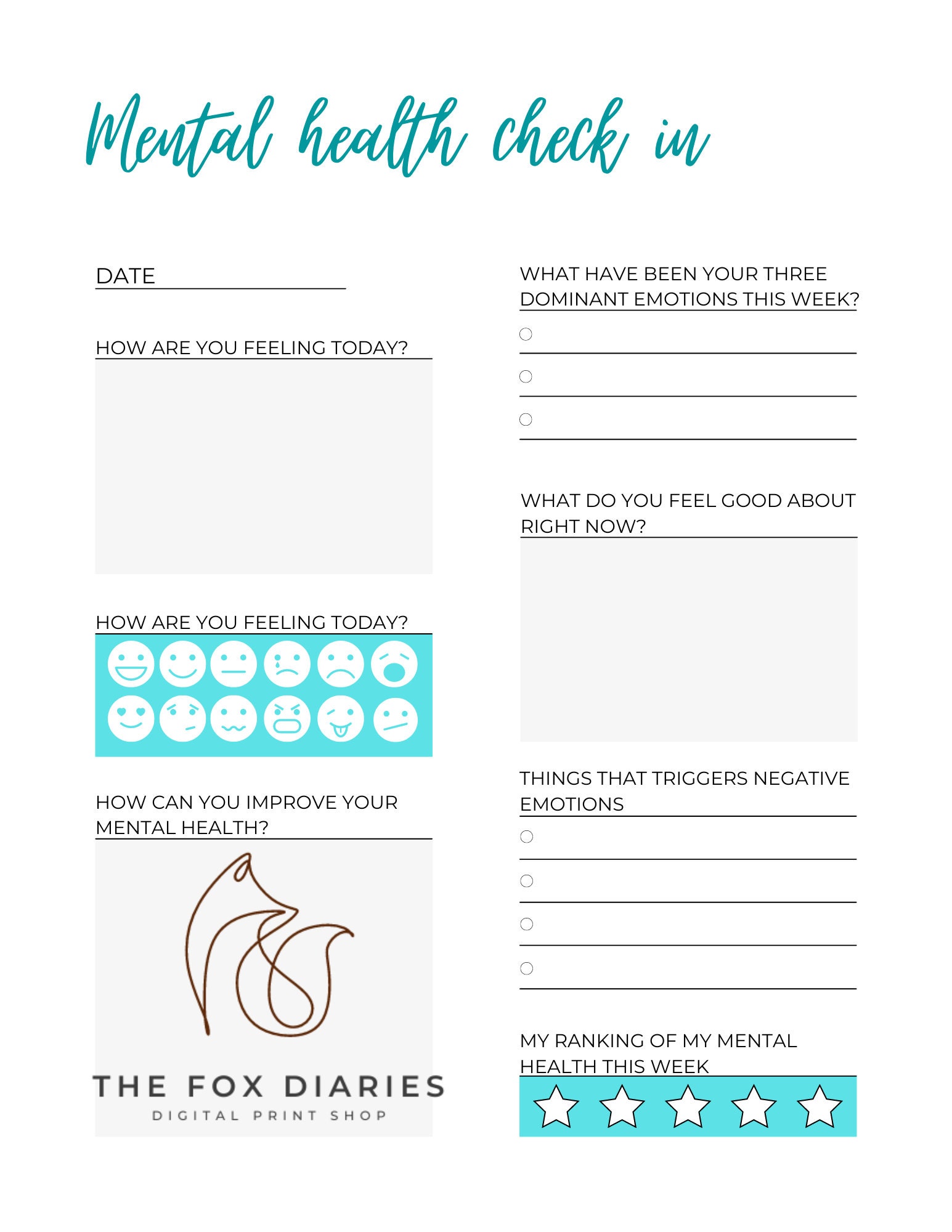 Mental Health Check List Printable Digital Download - Etsy