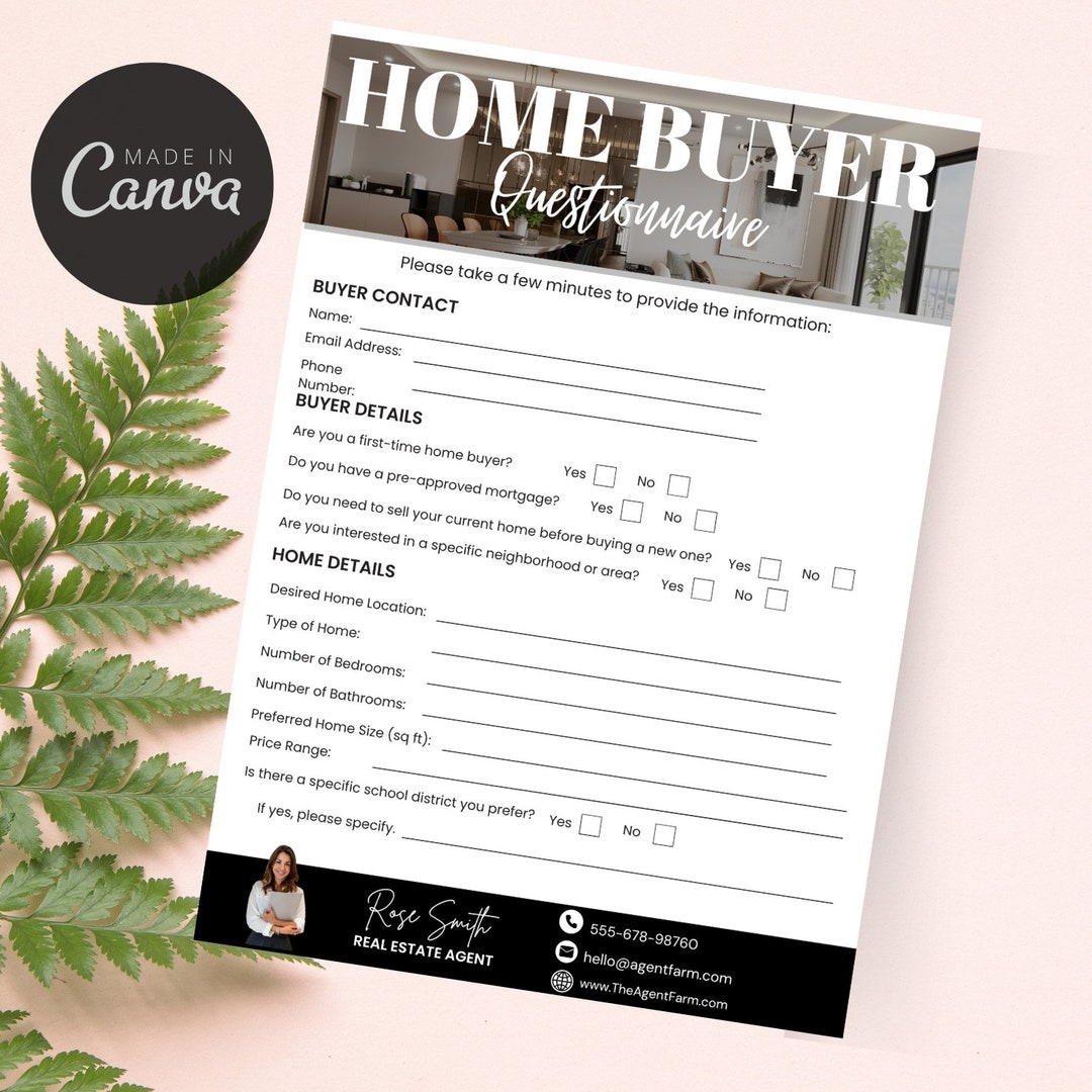 Real Estate Buyer Questionnaire | Buyer Intake Form |buyer Consultation ...